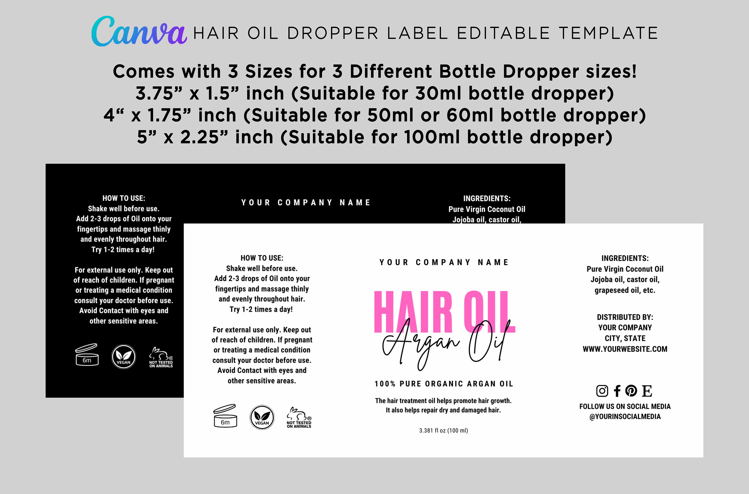 Printable Hair Oil Labels, Hair Dropper, Hair Growth Oil Labels, Hair ...