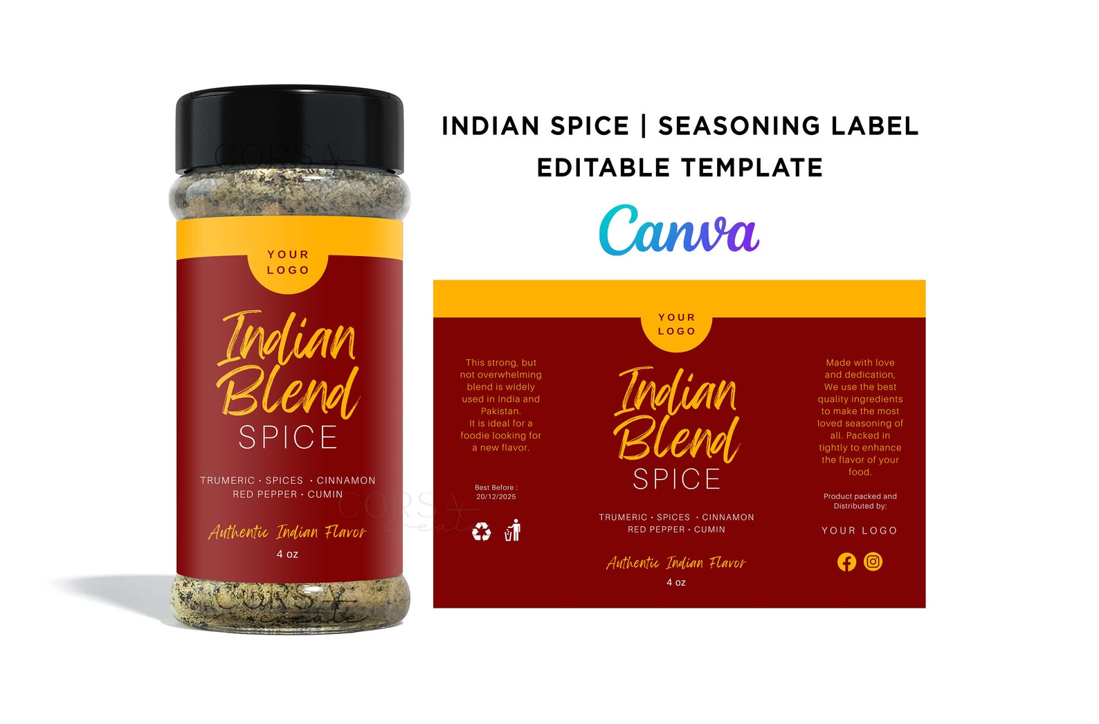 Printable Indian Blend Spice Wrap Label, Indian Seasoning Label, 4oz ...