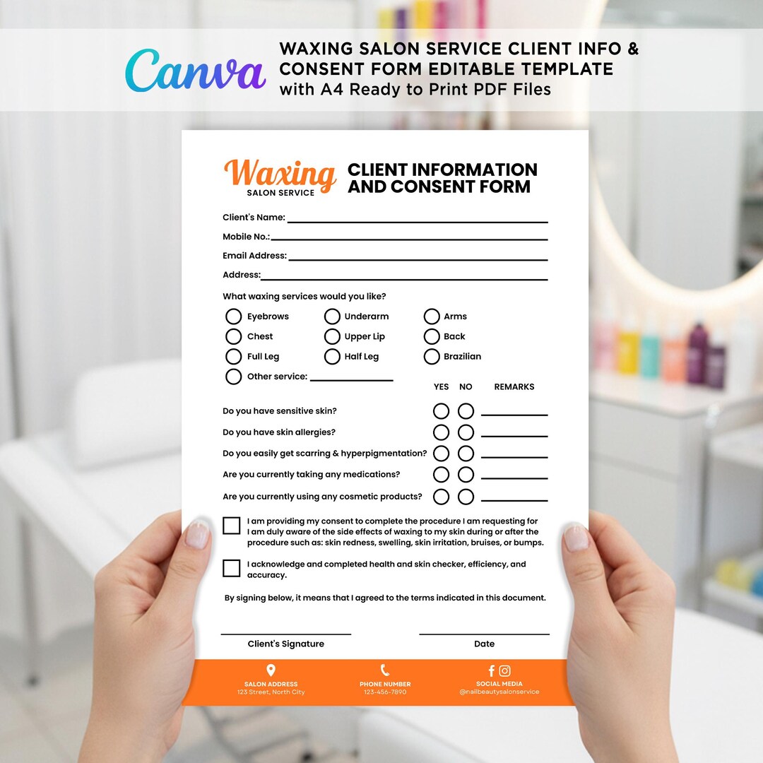 Waxing Service Forms, Printable and Editable Waxing Client Intake Form ...