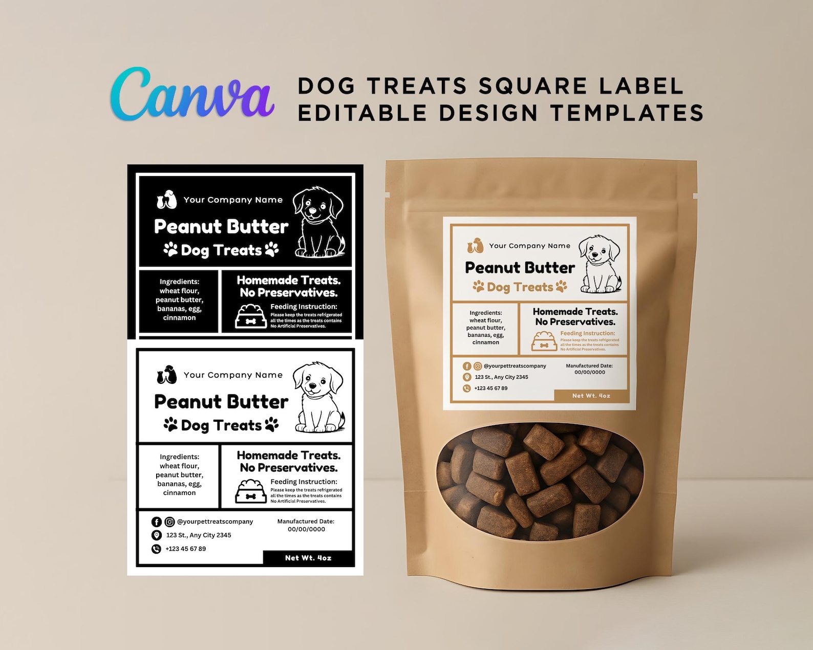 Square Dog Treat Label Canva, Custom Packaging Dog Treat Label ...