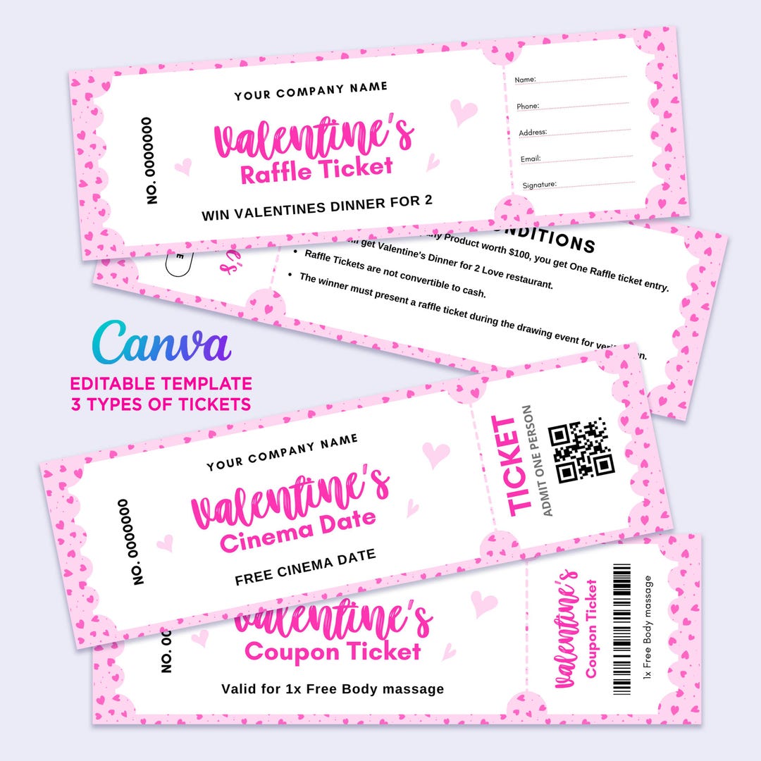 Editable Raffle Ticket Template, Valentine's Raffle Coupon, Valentine's ...