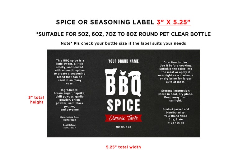 Printable BBQ Spice Wrap Label Design, Barbeque Rub 8oz, 6oz, 4oz BBQ ...