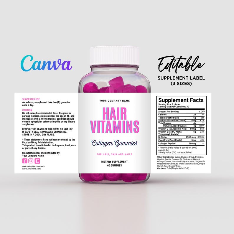Labels for Hair Vitamins, Collagen Gummies Label, Hair Supplement ...