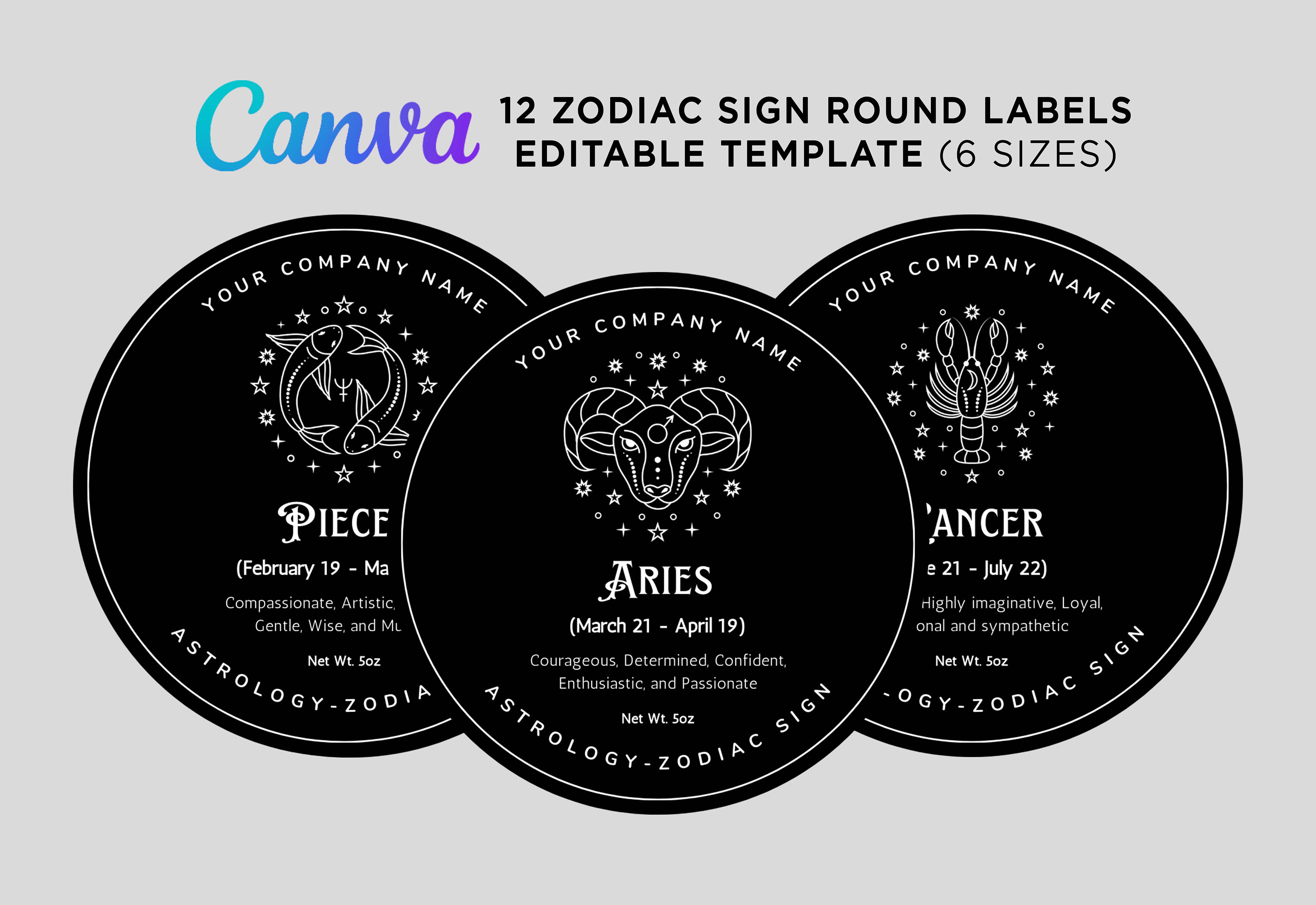 Printable Zodiac Sign Labels, Zodiac Sign Label for Candle, Astrology ...