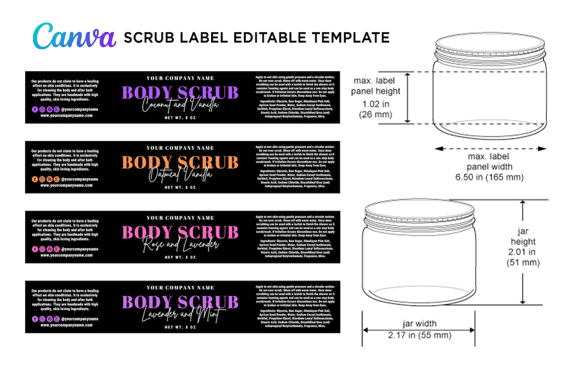 Body Scrub Wrap Label Designs, Body Sugar Scrub Labels, Soak Salts ...