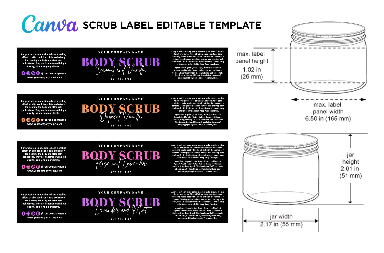 Body Scrub Wrap Label Designs, Body Sugar Scrub Labels, Soak Salts ...