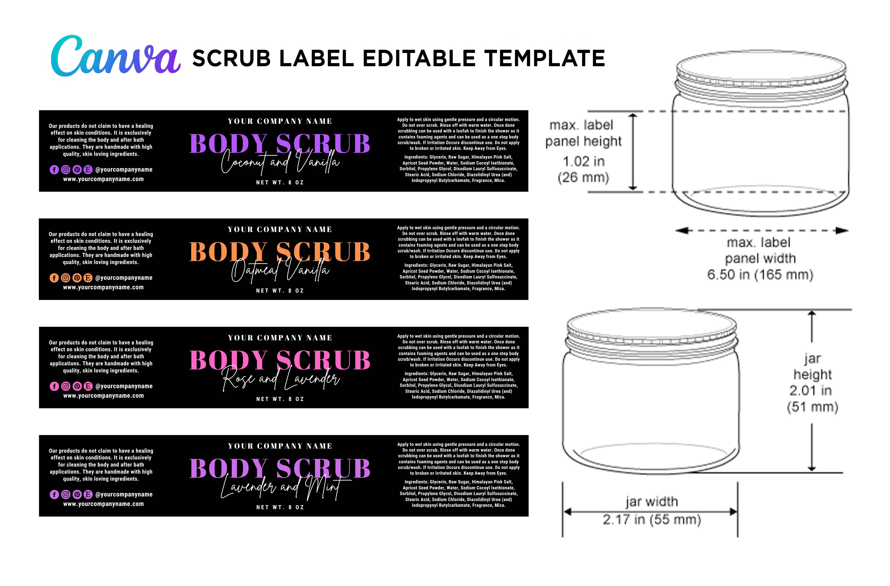 Body Scrub Wrap Label Designs, Body Sugar Scrub Labels, Soak Salts ...