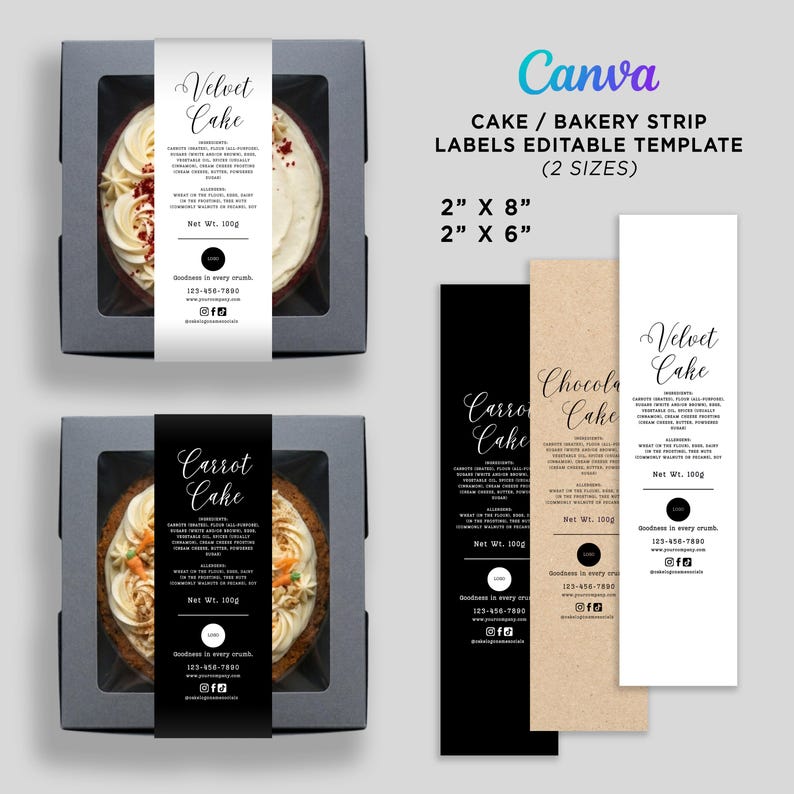 Bakery Cake Strip Labels Canva Template, Editable Cake Packaging Design ...