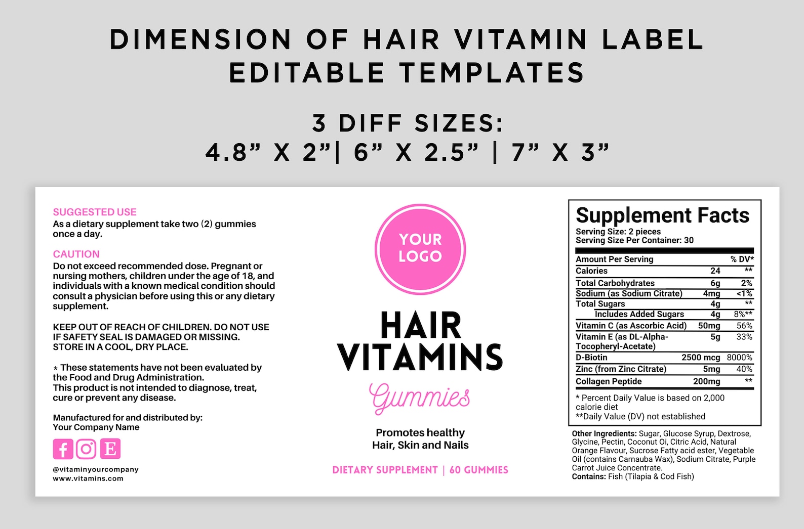 Hair Vitamin Labels, Collagen Gummies Label, Hair Supplement Labels ...