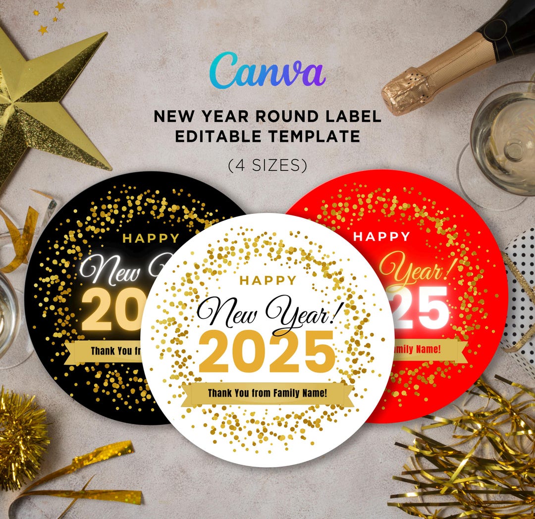 Happy New Year Round Labels, New Year 2025 Tags, Cheers Gift Tags, New ...
