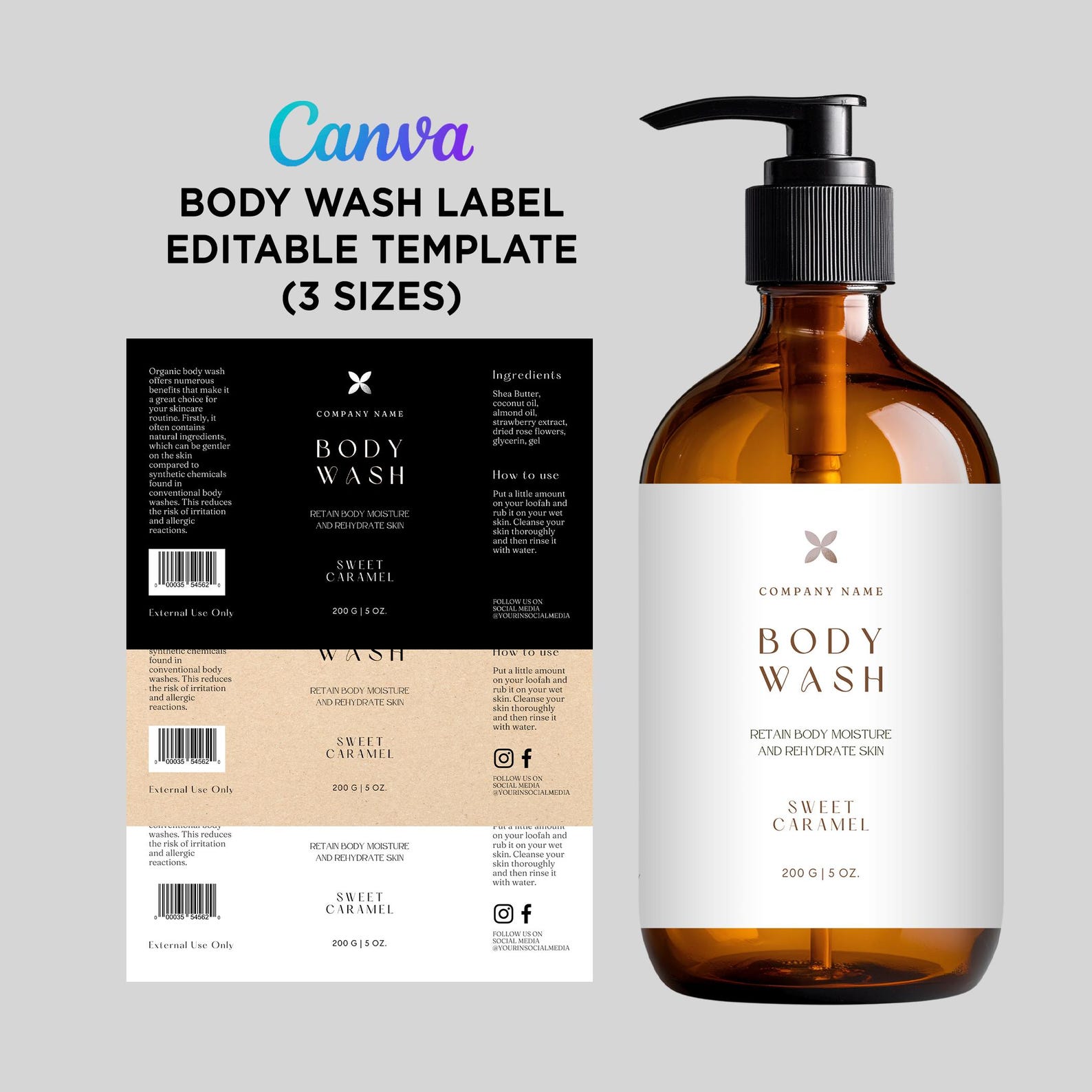 Pump Bottle Body Wash Label, Editable Body Care Product Packaging ...