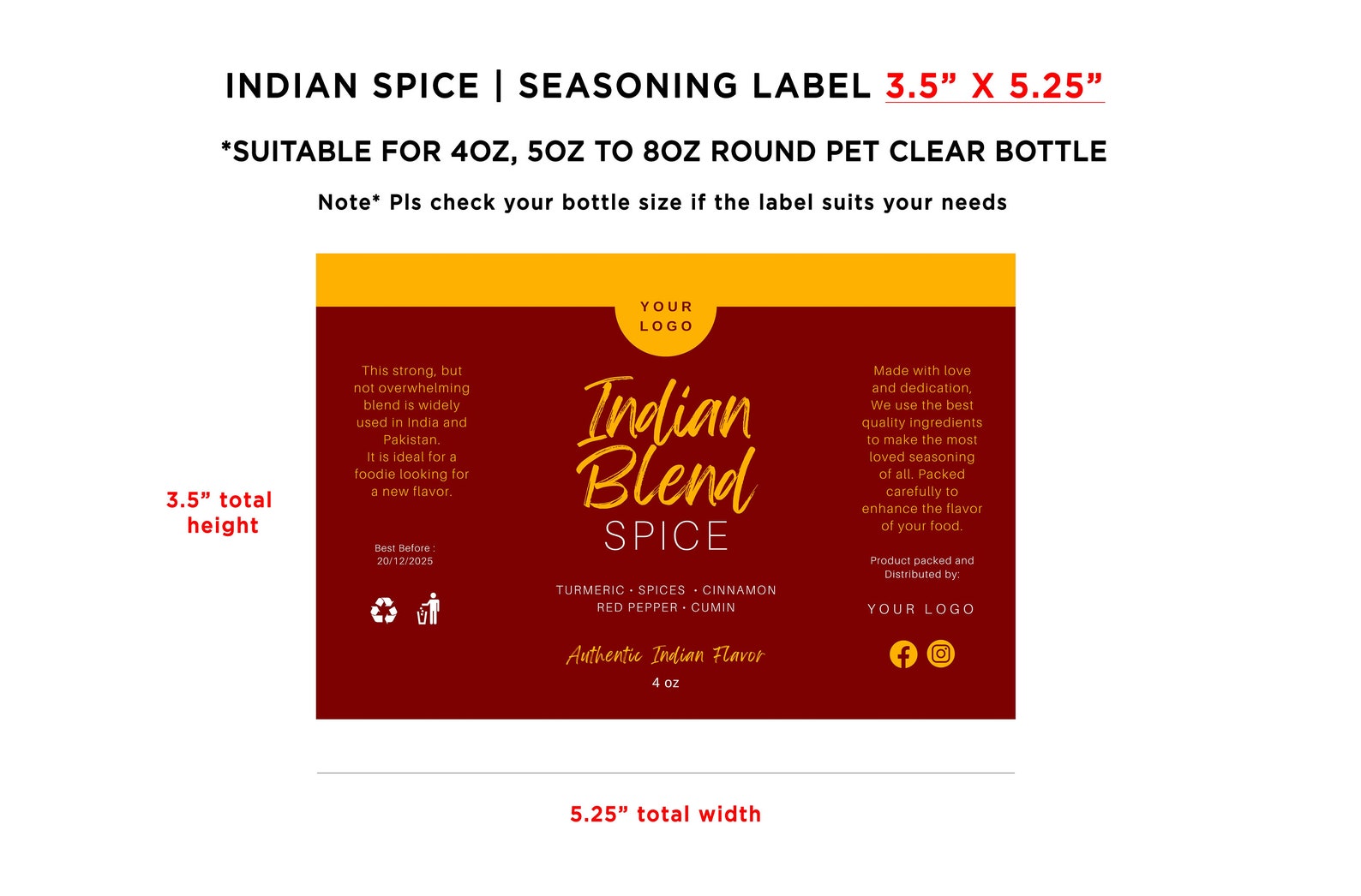 Printable Indian Blend Spice Wrap Label, Indian Seasoning Label, 4oz ...