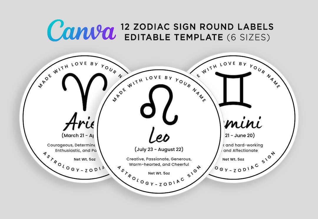 Zodiac Sign Round Labels, Zodiac Sign Candle Labels, Horoscope Zodiac ...