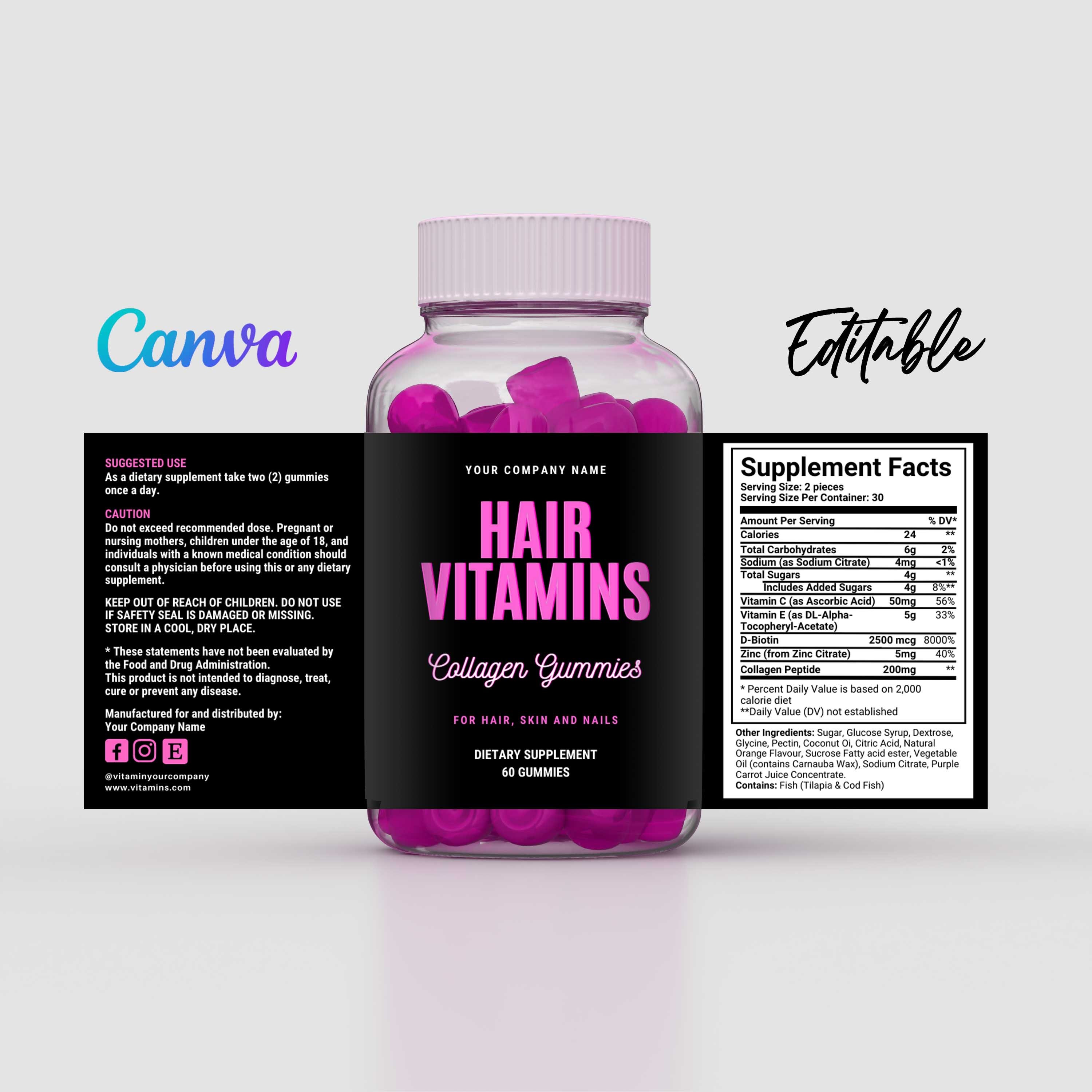 Labels for Hair Vitamins, Collagen Gummies Label, Hair Supplement ...