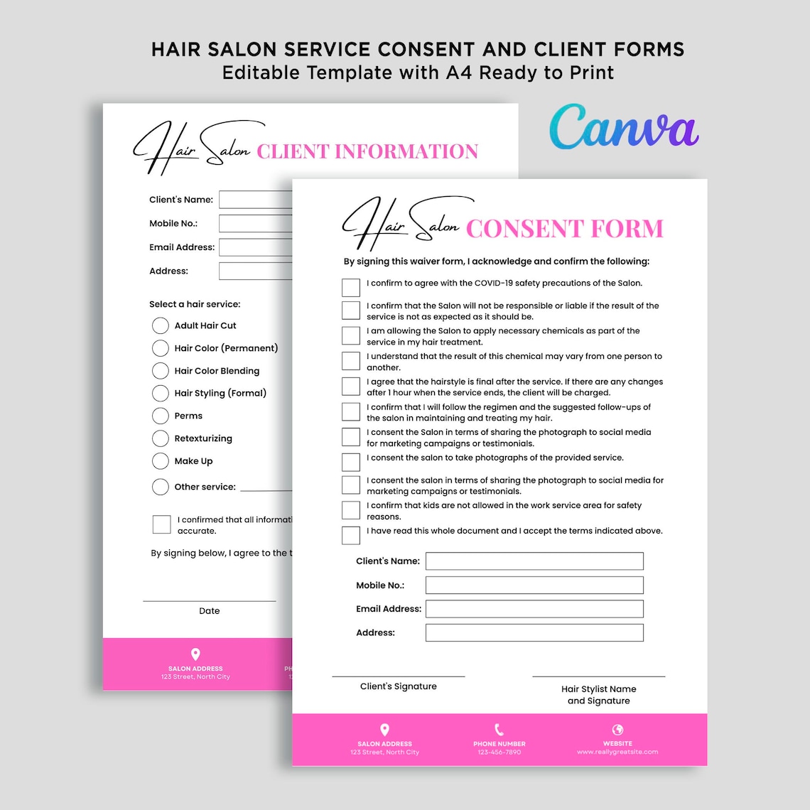 Printable Hair Salon Consent Form, Hair Salon Service Form, Hair Salon ...