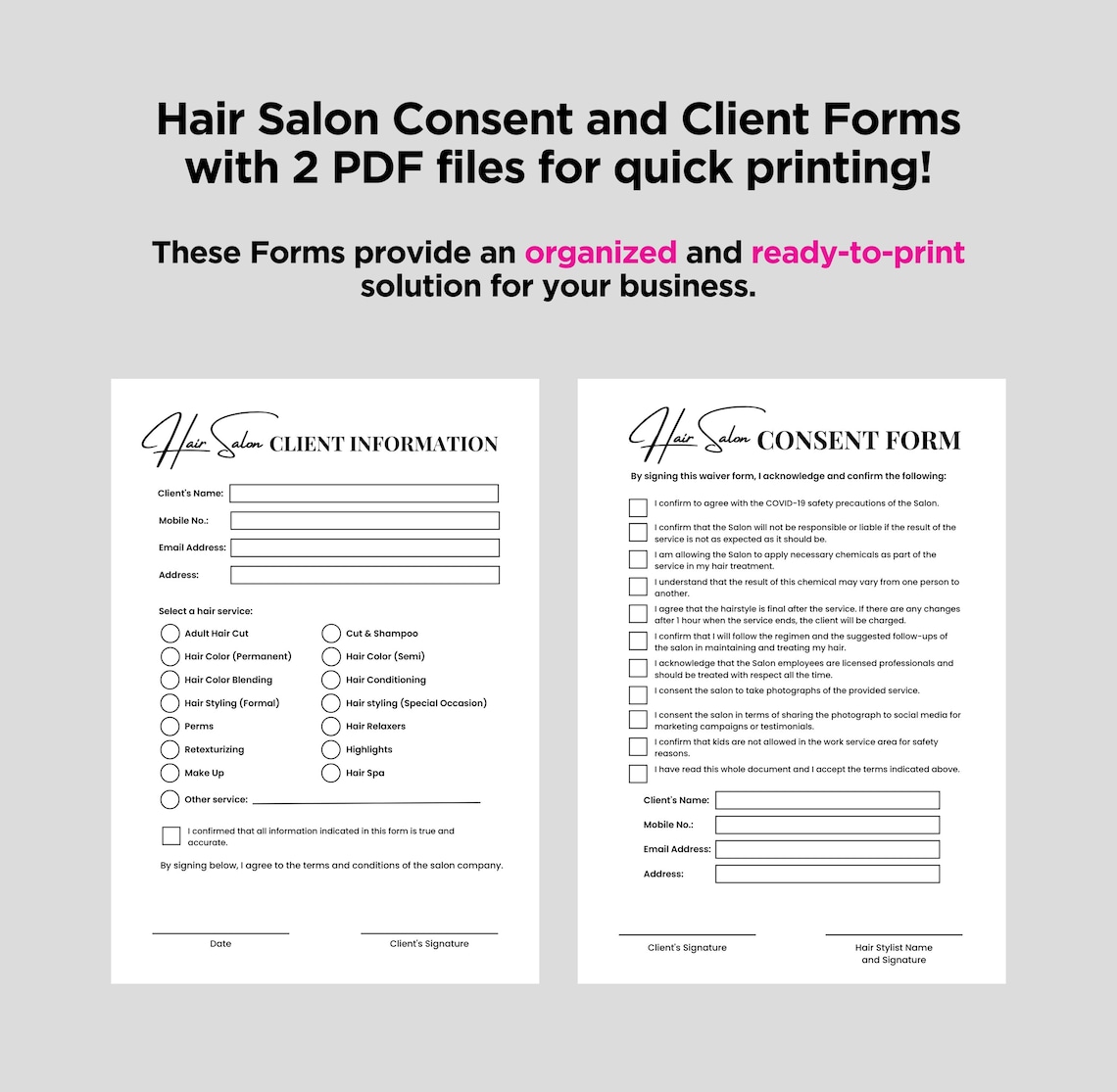 Printable Hair Salon Consent Form, Hair Salon Service Form, Hair Salon ...