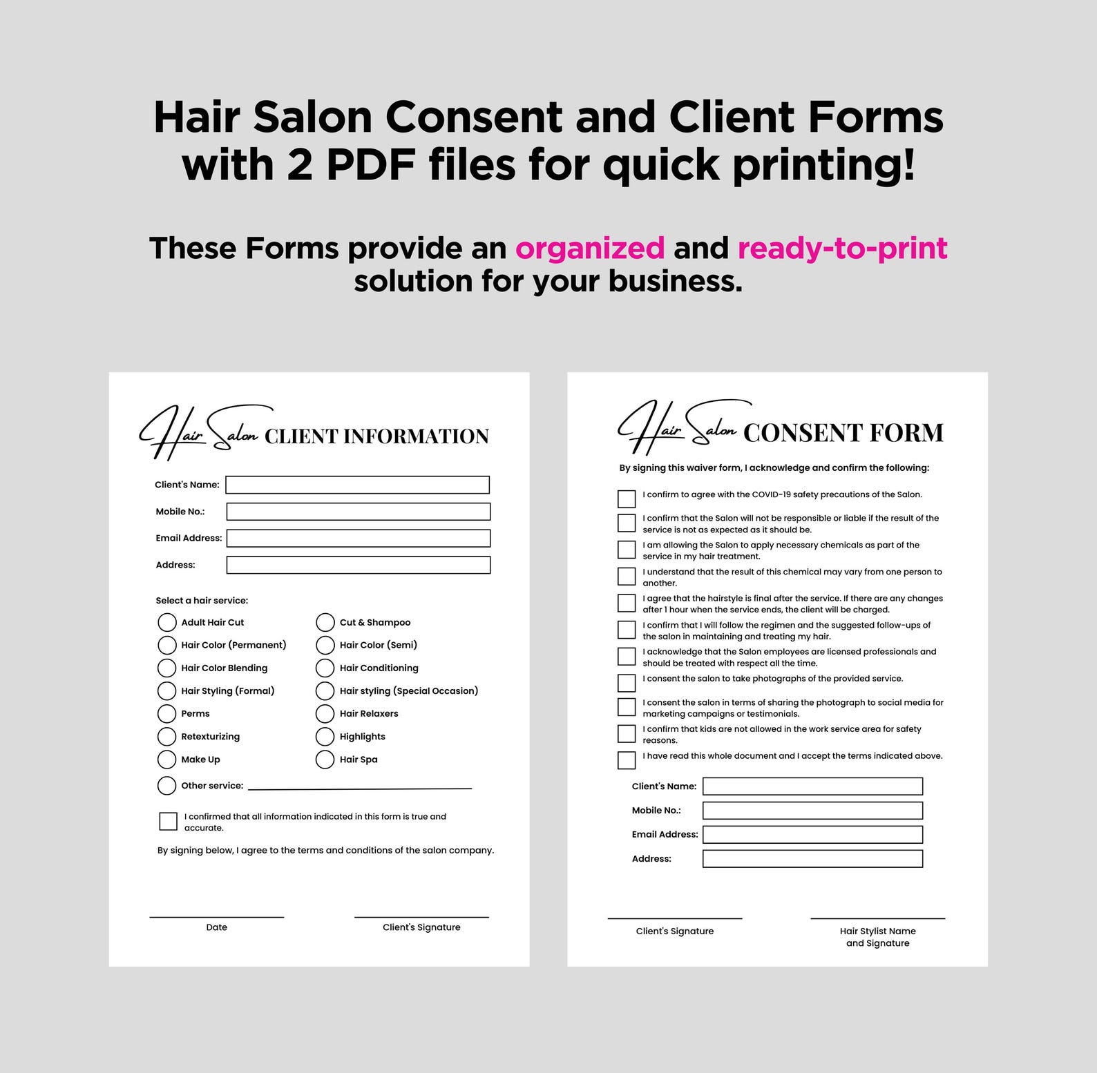 Printable Hair Salon Consent Form, Hair Salon Service Form, Hair Salon ...