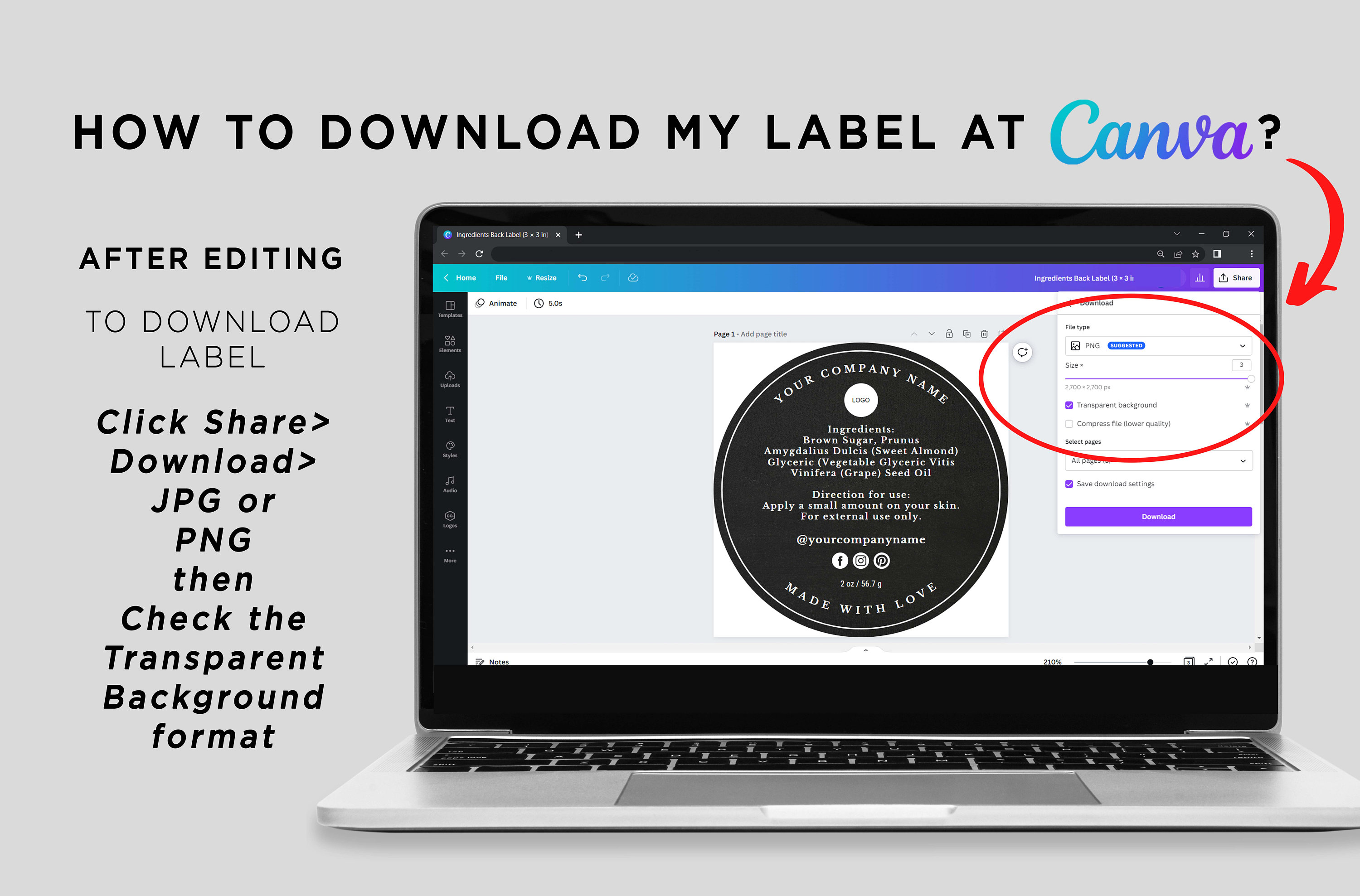 Printable Ingredients Product Label, Ingredients Back Circle Label ...