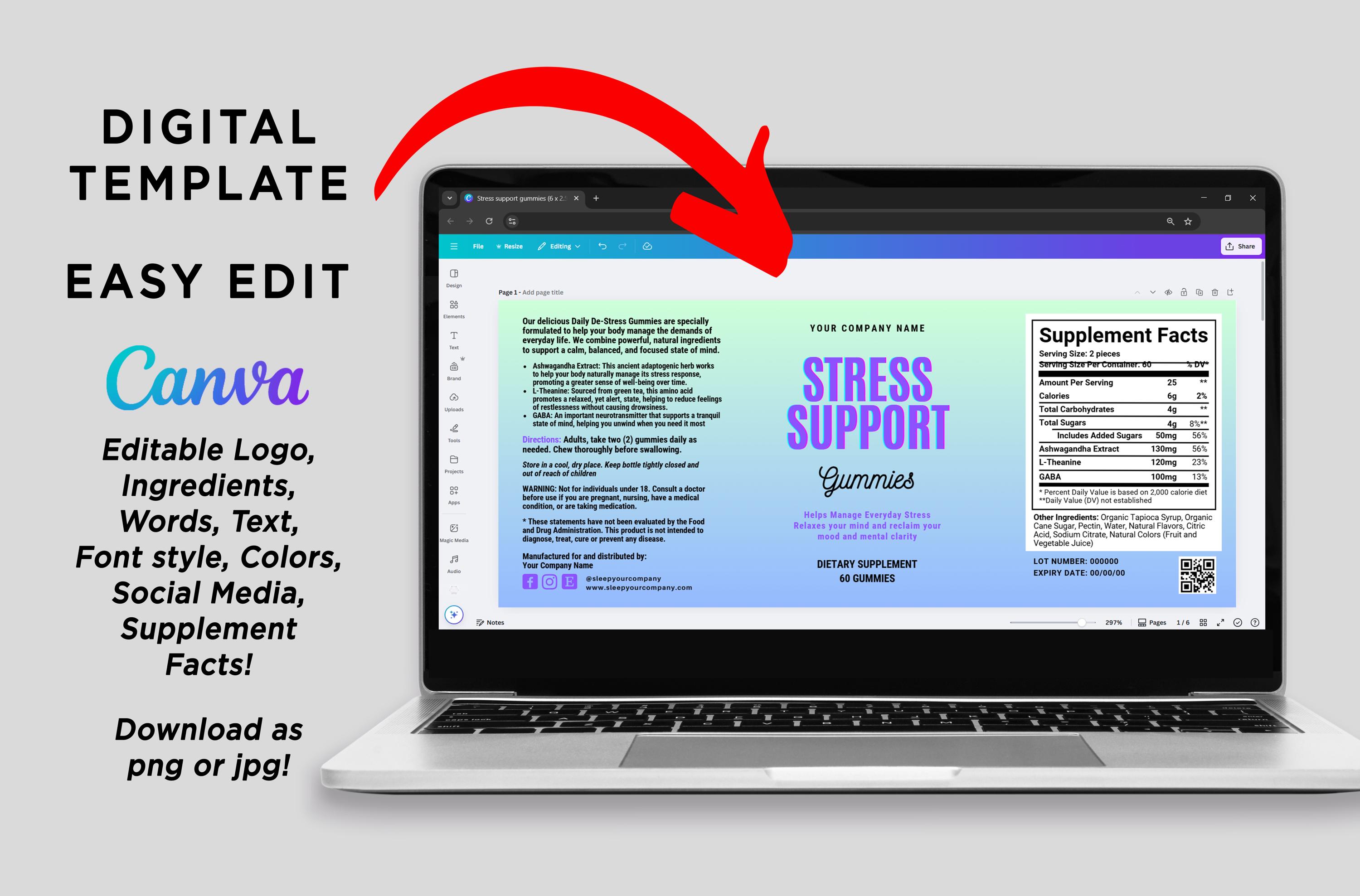 Stress Support Gummies Label Template, Editable Supplement Label Design ...