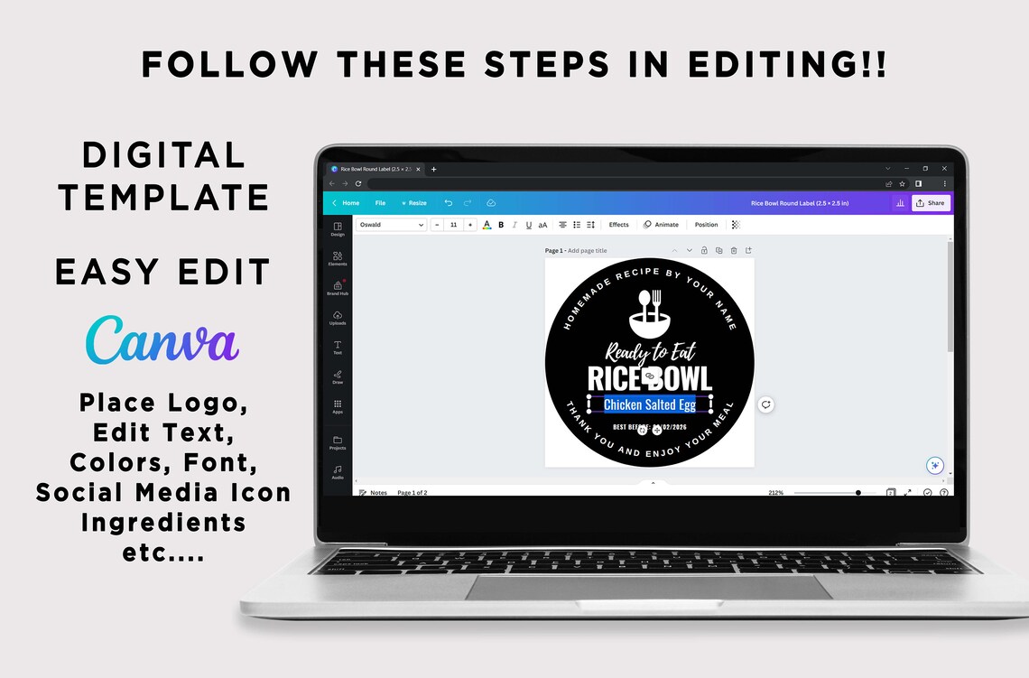 Printable Rice Bowl Label, Food Packaging Label, Take-out Label, Take ...