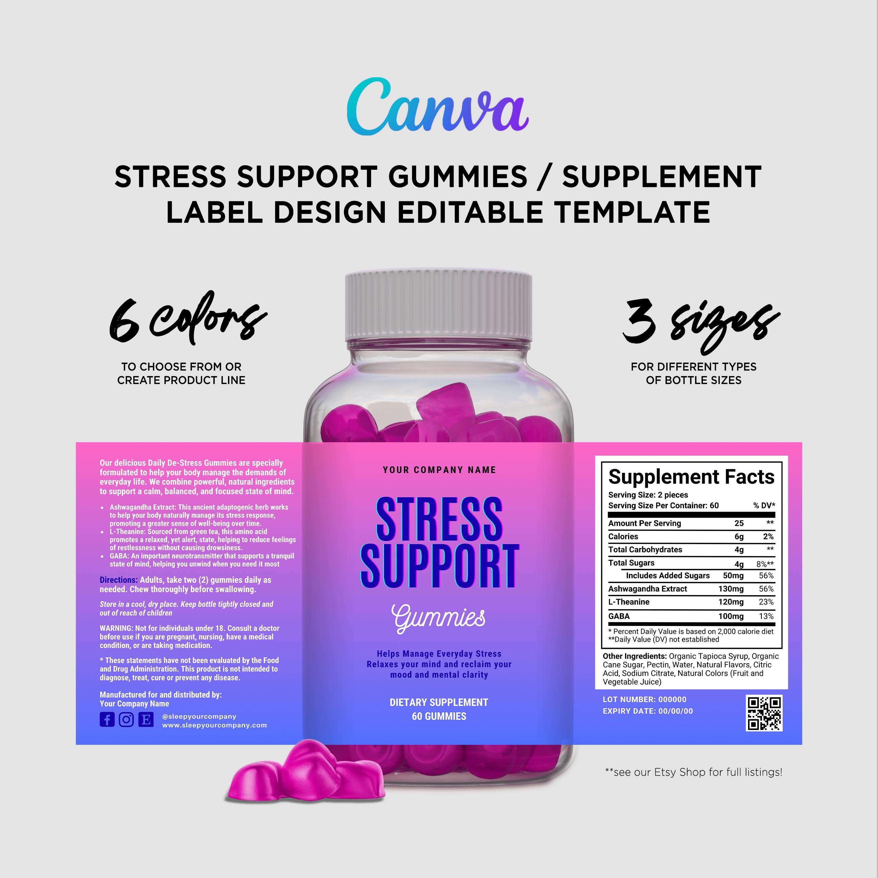 Stress Support Gummies Label Template, Editable Supplement Label Design ...