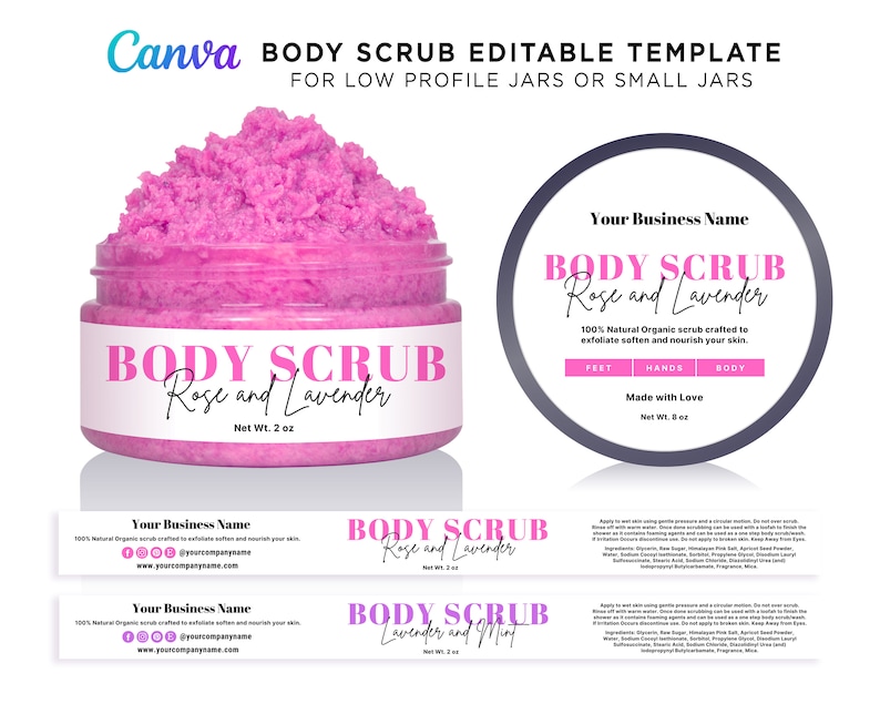 Printable Bath Body Scrub Label for Low Profile Jars, Small Jar Sugar ...