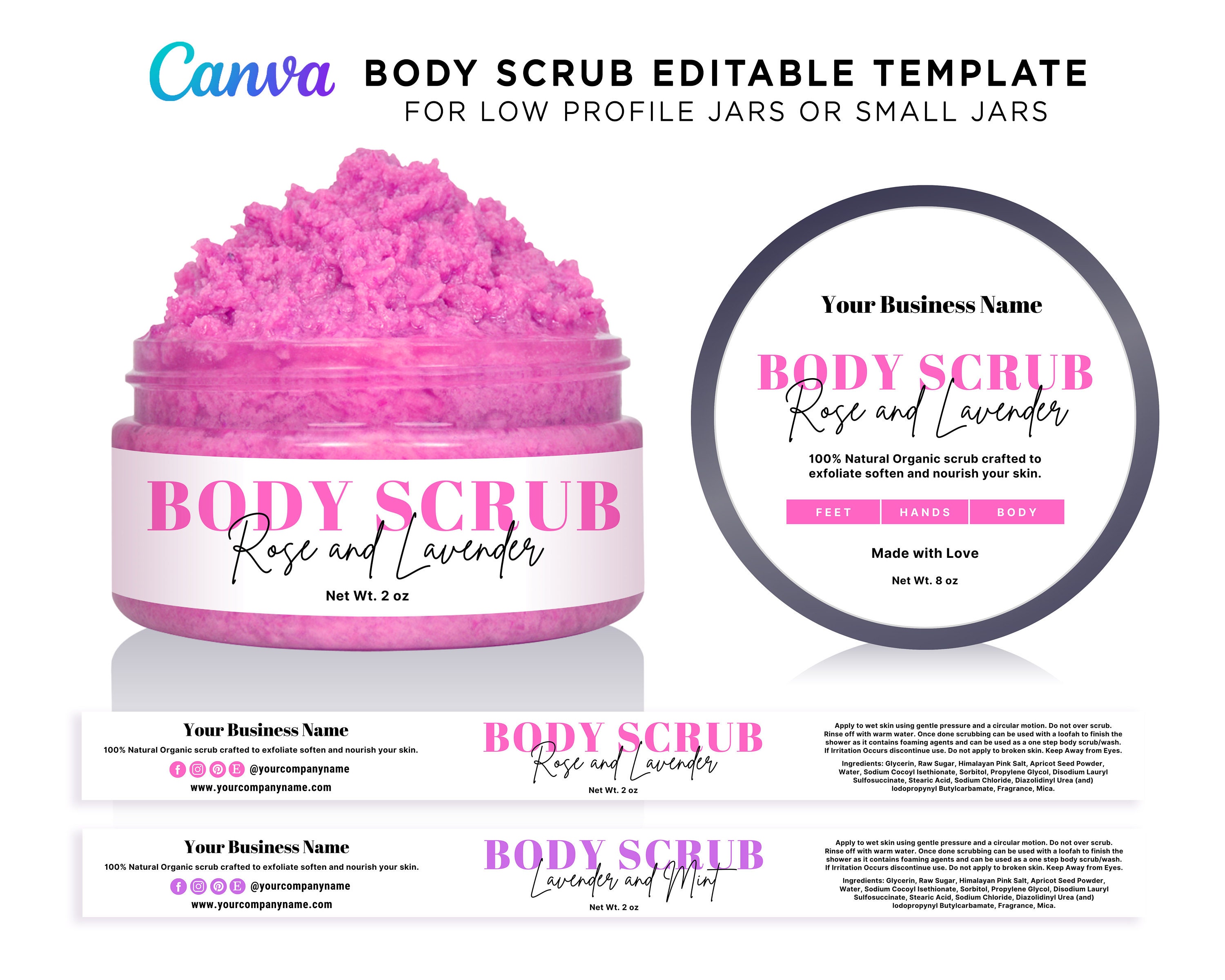 Printable Bath Body Scrub Label for Low Profile Jars, Small Jar Sugar ...