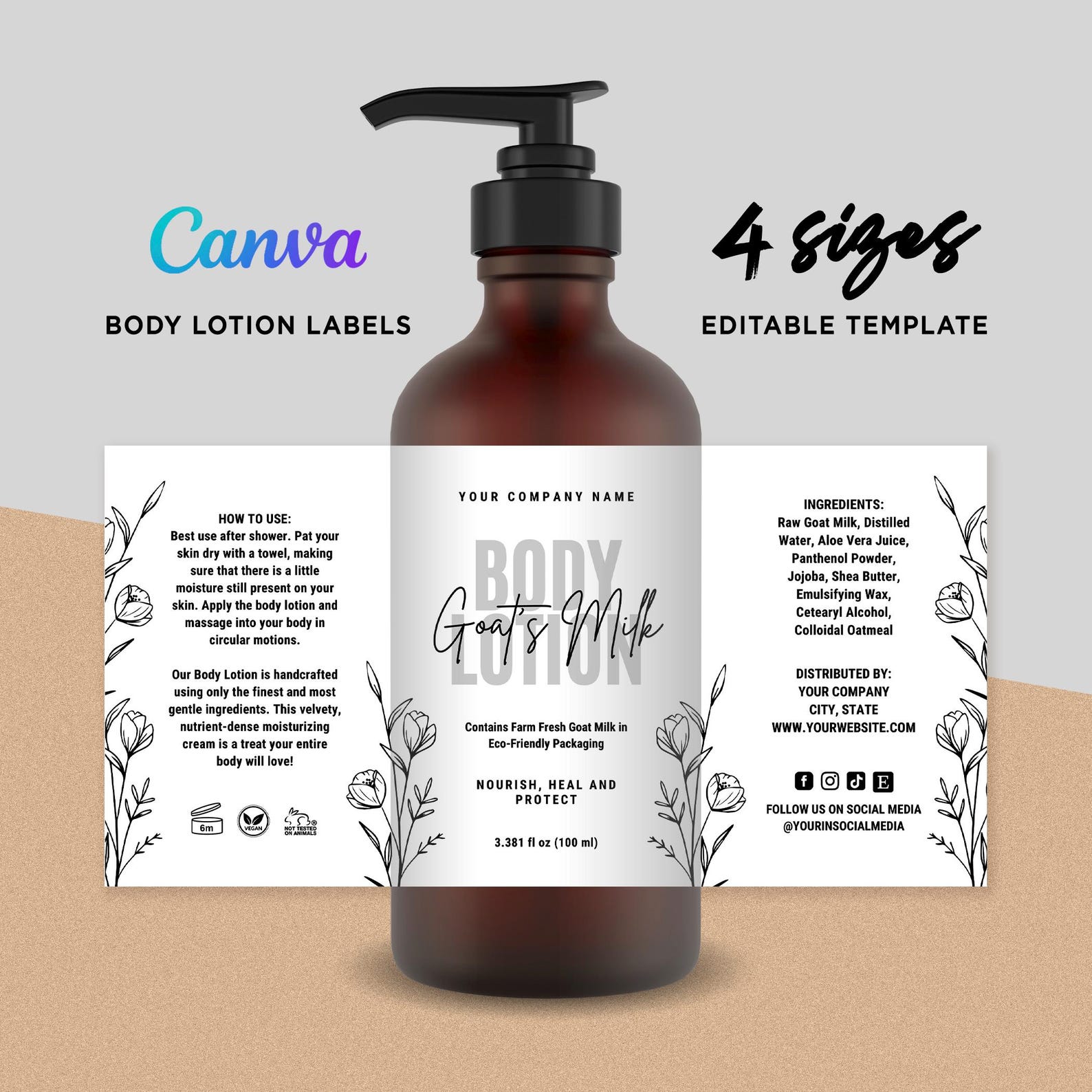 Editable Body Lotion Label Template Canva - DIY Goat's Milk Skincare ...