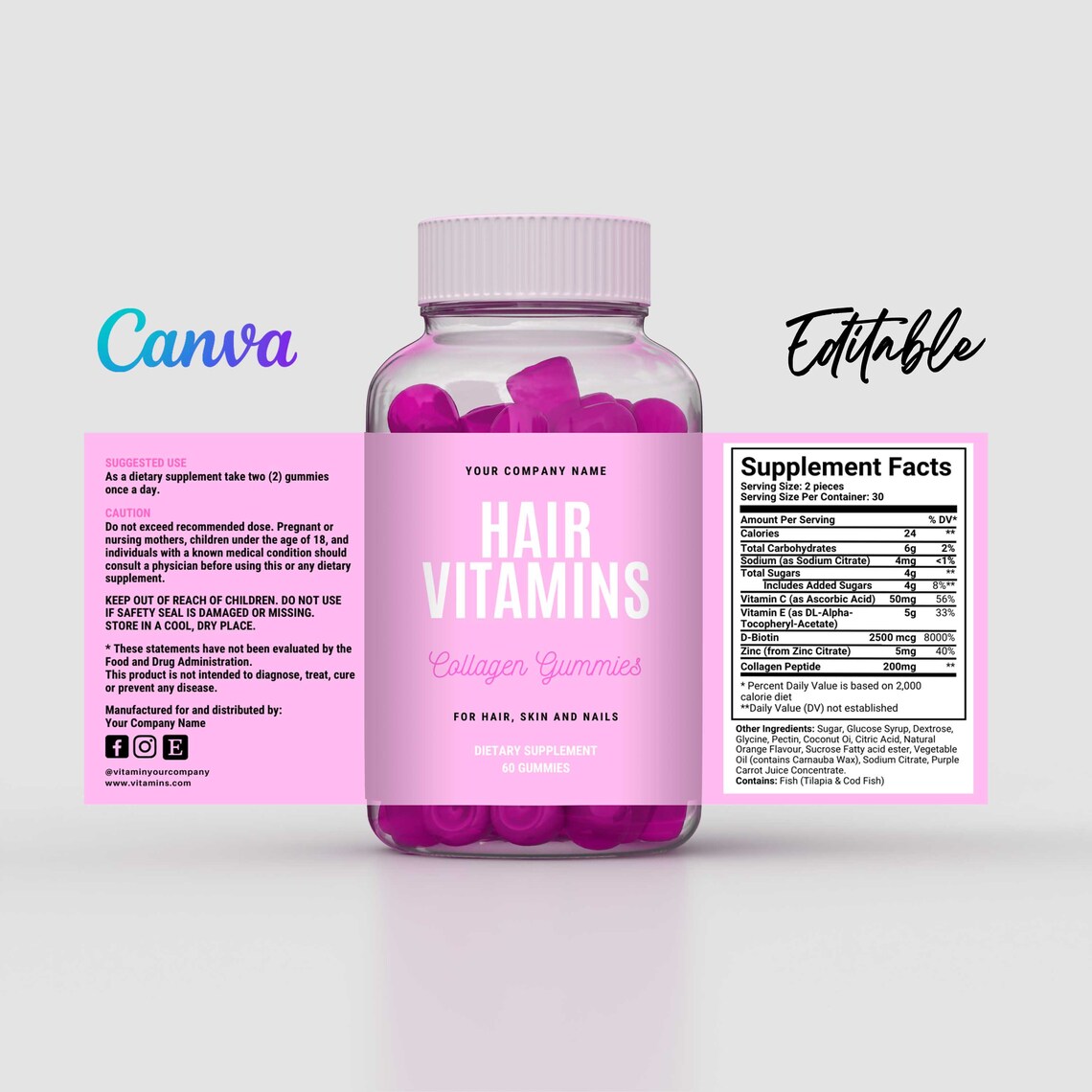 Labels for Hair Vitamins, Collagen Gummies Label, Hair Supplement ...