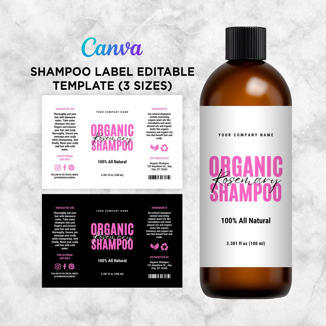 Organic Shampoo Label Template Canva, Editable Hair Care & Cosmetic ...