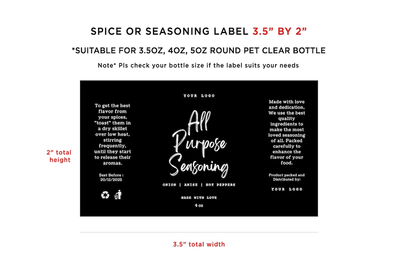Printable Wrap Label for All Purpose Seasoning. Spice Label 8oz, 4oz ...