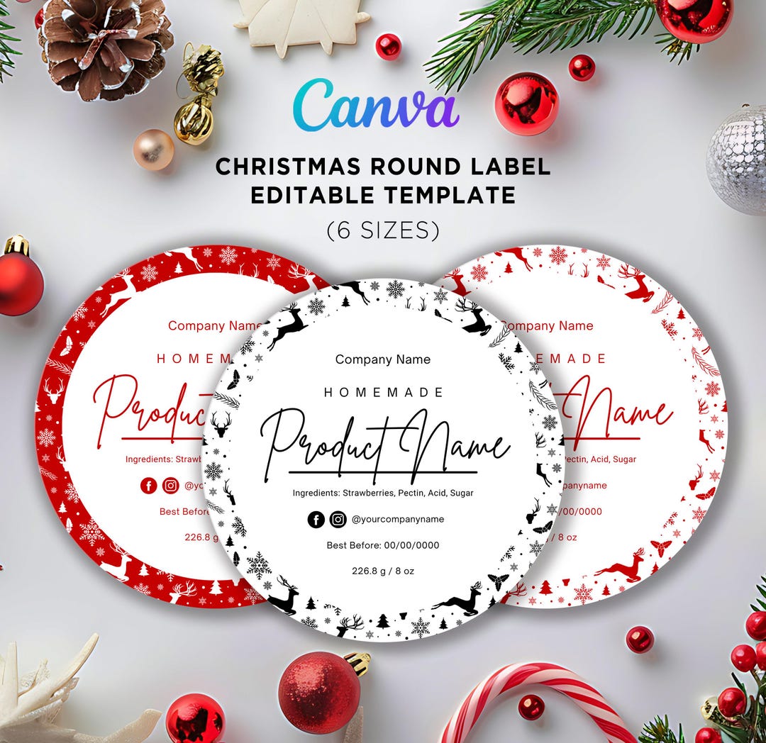 Editable Round Label Template for Canva, Custom DIY Christmas Sticker ...