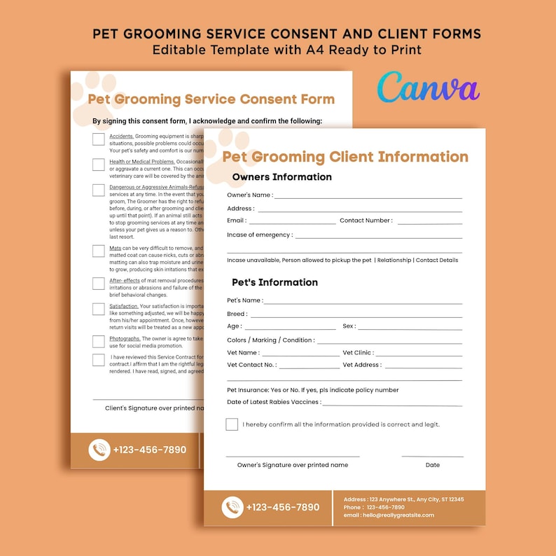 Printable Pet Grooming Business Forms, Pet Grooming Salon Forms, Pet ...