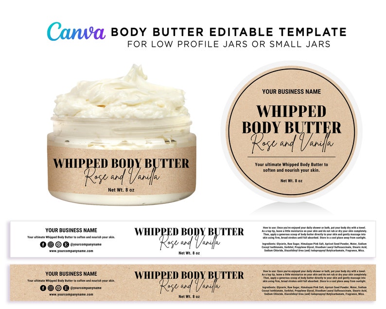 Printable Whipped Body Butter Wrap Label Low Profile Jars, Whipped Body ...