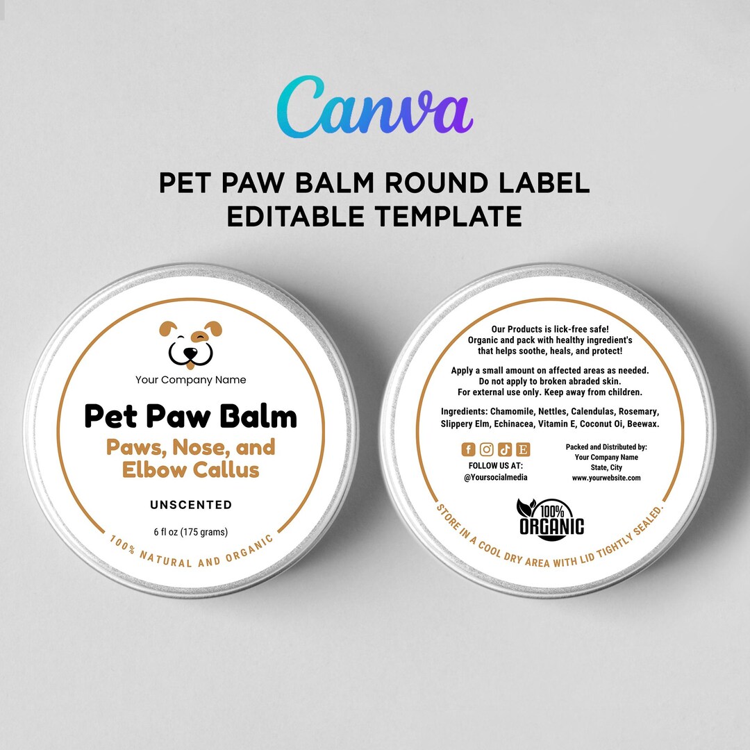 Pet Paw Balm Label Template, Editable Balm Round Sticker for Pets | Dog ...