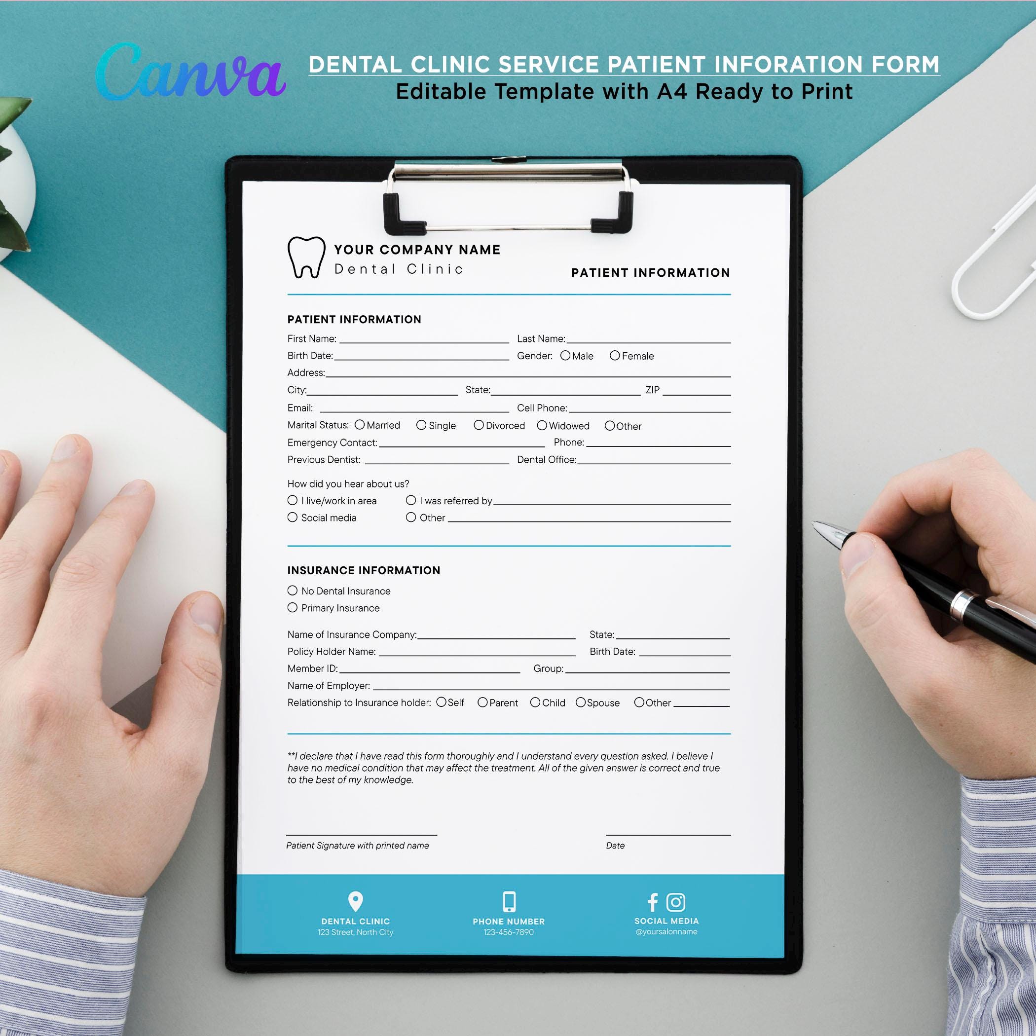 Printable Dental Clinic Patient Information, Dental Office Forms, New ...