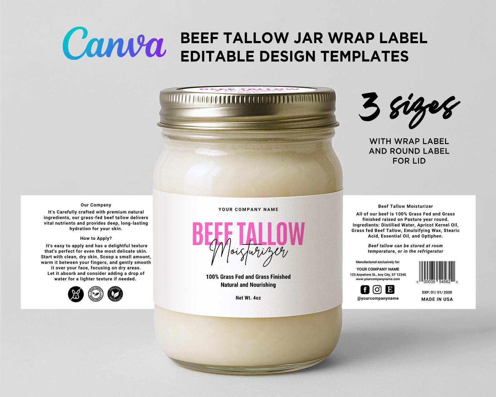 Beef Tallow Moisturizer Label Template Canva, Editable Body Butter Jar ...
