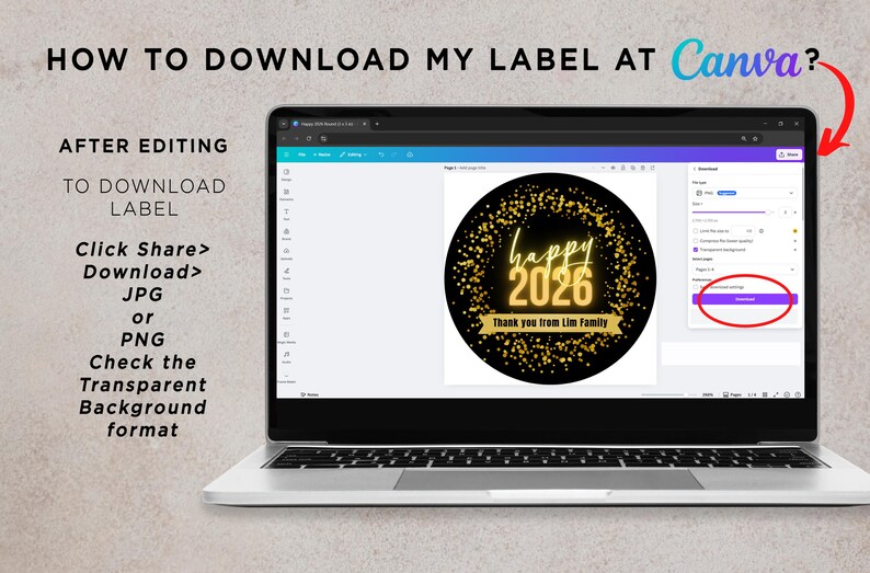 Happy New Year 2026 Round Label Canva Template, Custom Family Name ...
