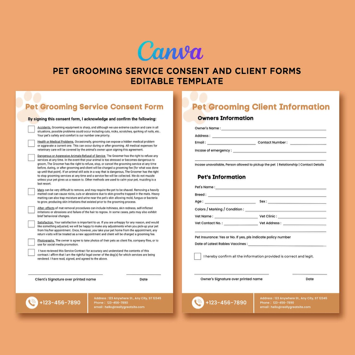 Printable Pet Grooming Business Forms, Pet Grooming Salon Forms, Pet ...