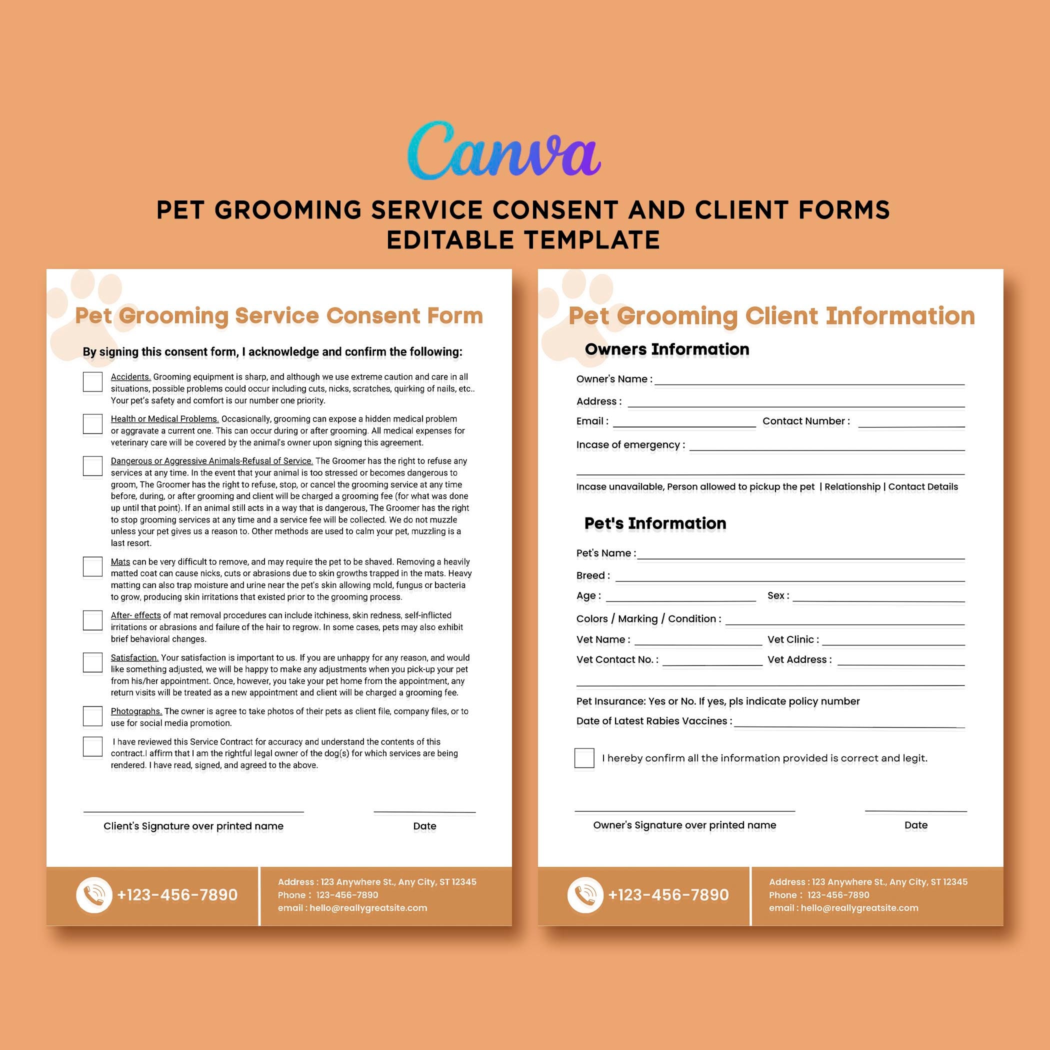 Printable Pet Grooming Business Forms, Pet Grooming Salon Forms, Pet ...