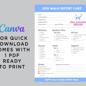 Printable Dog Walking Report Card, Dog Walk Service Report Card, Dog ...