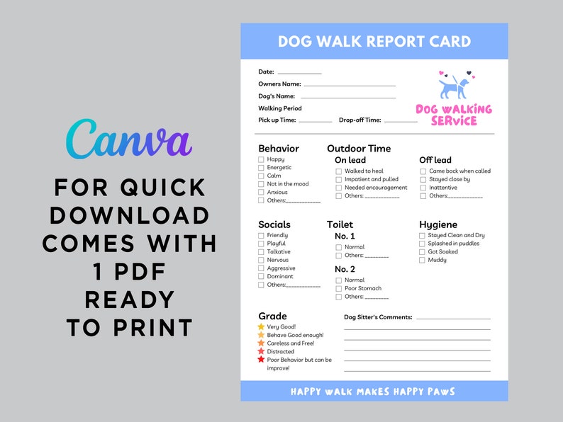 Printable Dog Walking Report Card Dog Walk Service Report - Etsy Israel