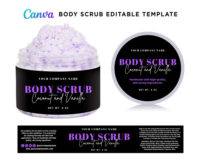 Body Scrub Wrap Label Designs, Body Sugar Scrub Labels, Soak Salts ...