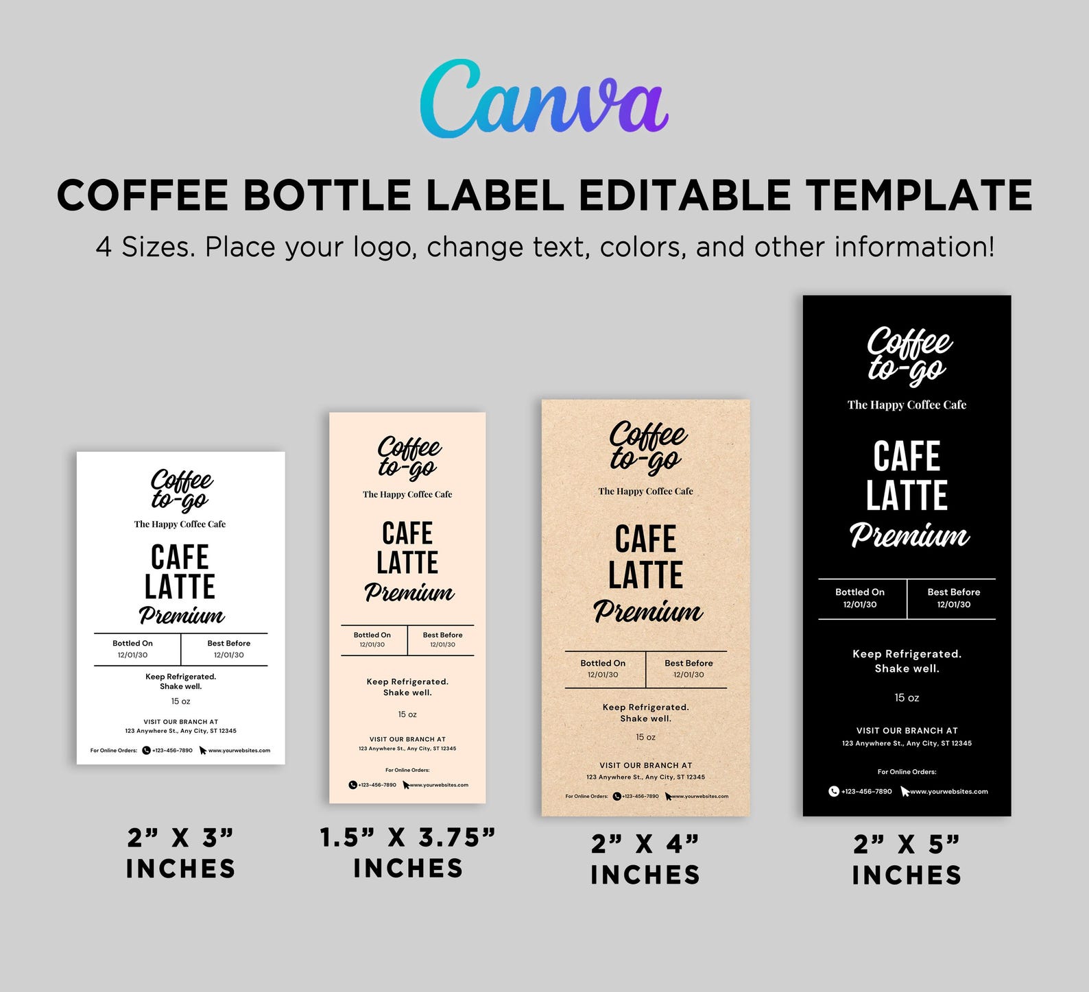 Coffee Bottle Labels, Iced Coffee Labels, Cafe Latte Labels, Cold Brew ...