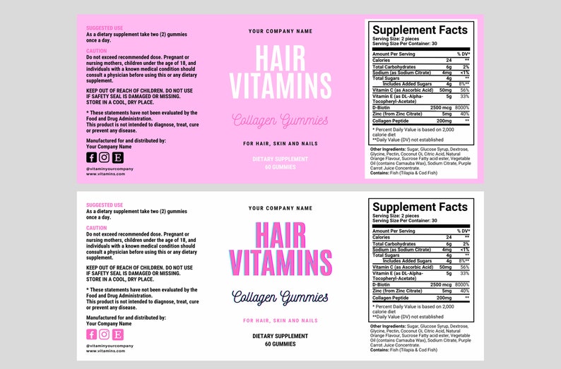 Labels for Hair Vitamins, Collagen Gummies Label, Hair Supplement ...