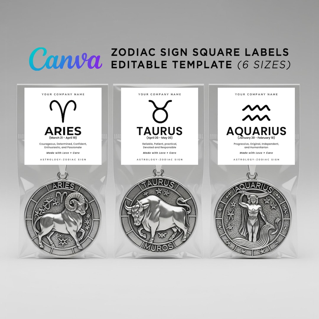 Zodiac Sign Square Label Template Editable in Canva | Astrology Product ...