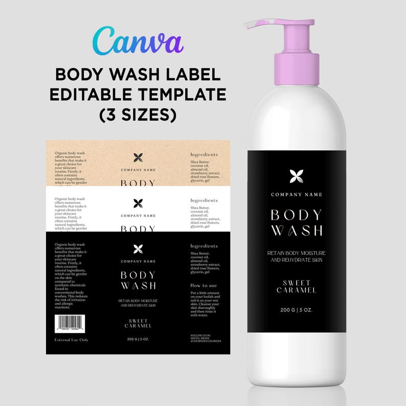 Pump Bottle Body Wash Label, Editable Body Care Product Packaging ...