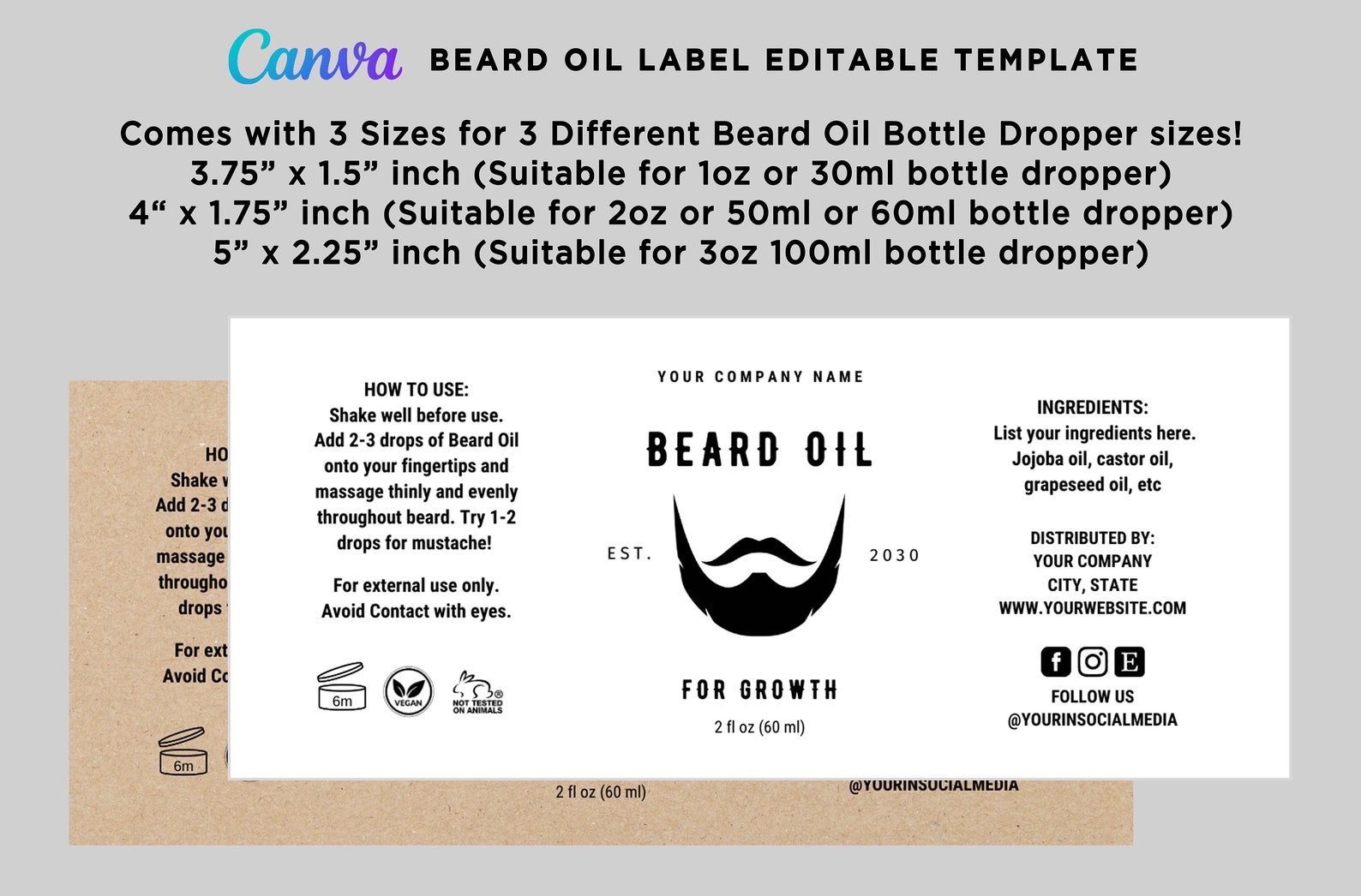 Editable Beard Oil Labels, Beard Oil Bottle Dropper Label, Beard Oil ...