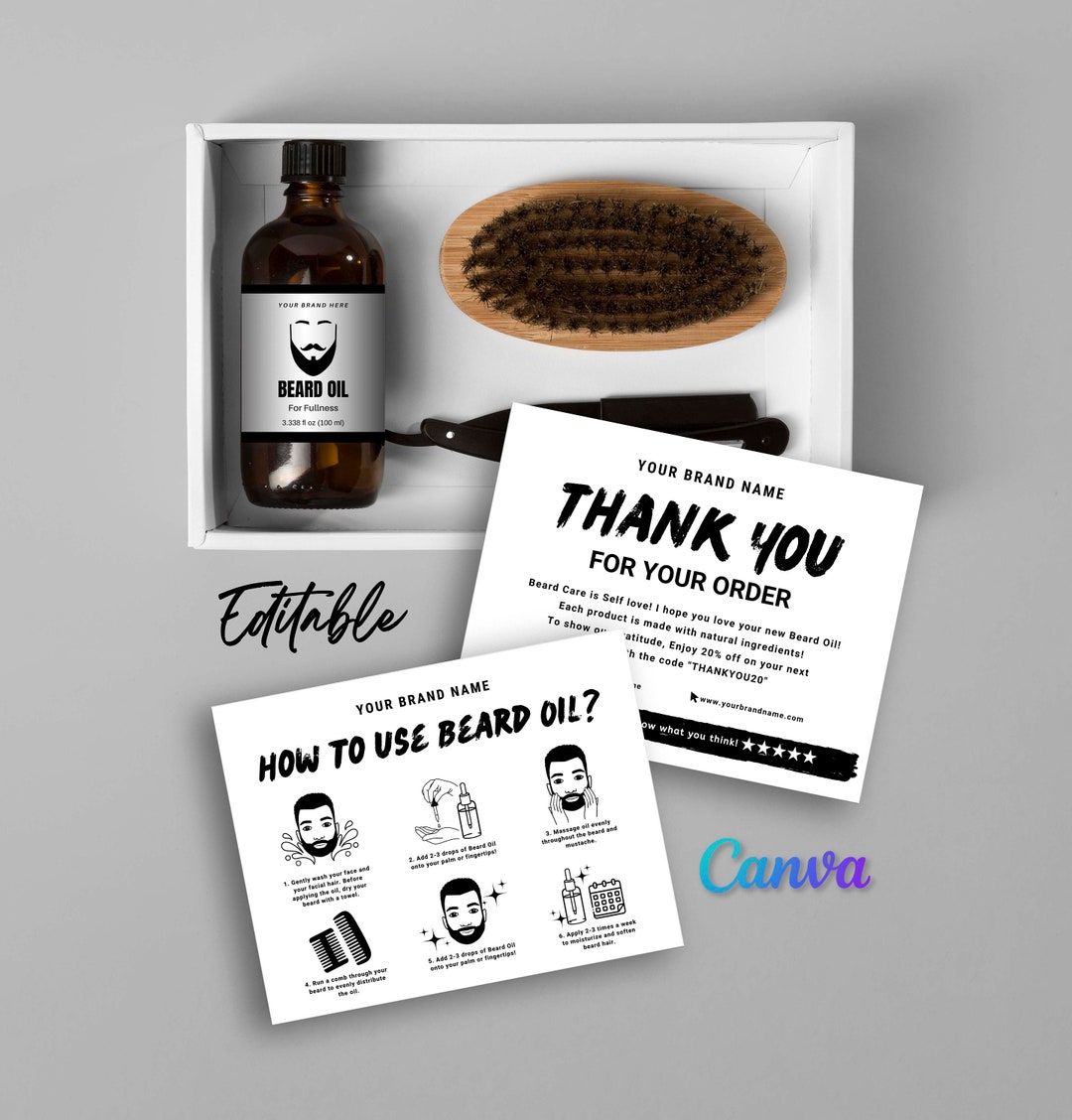 Printable Beard Oil Care Card, Beard Grooming Gift Set Card, How to Use ...