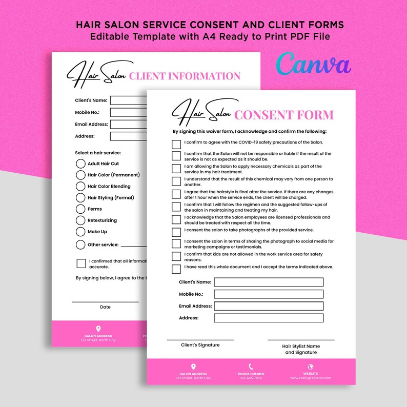Printable Hair Salon Consent Form, Hair Salon Service Form, Hair Salon ...